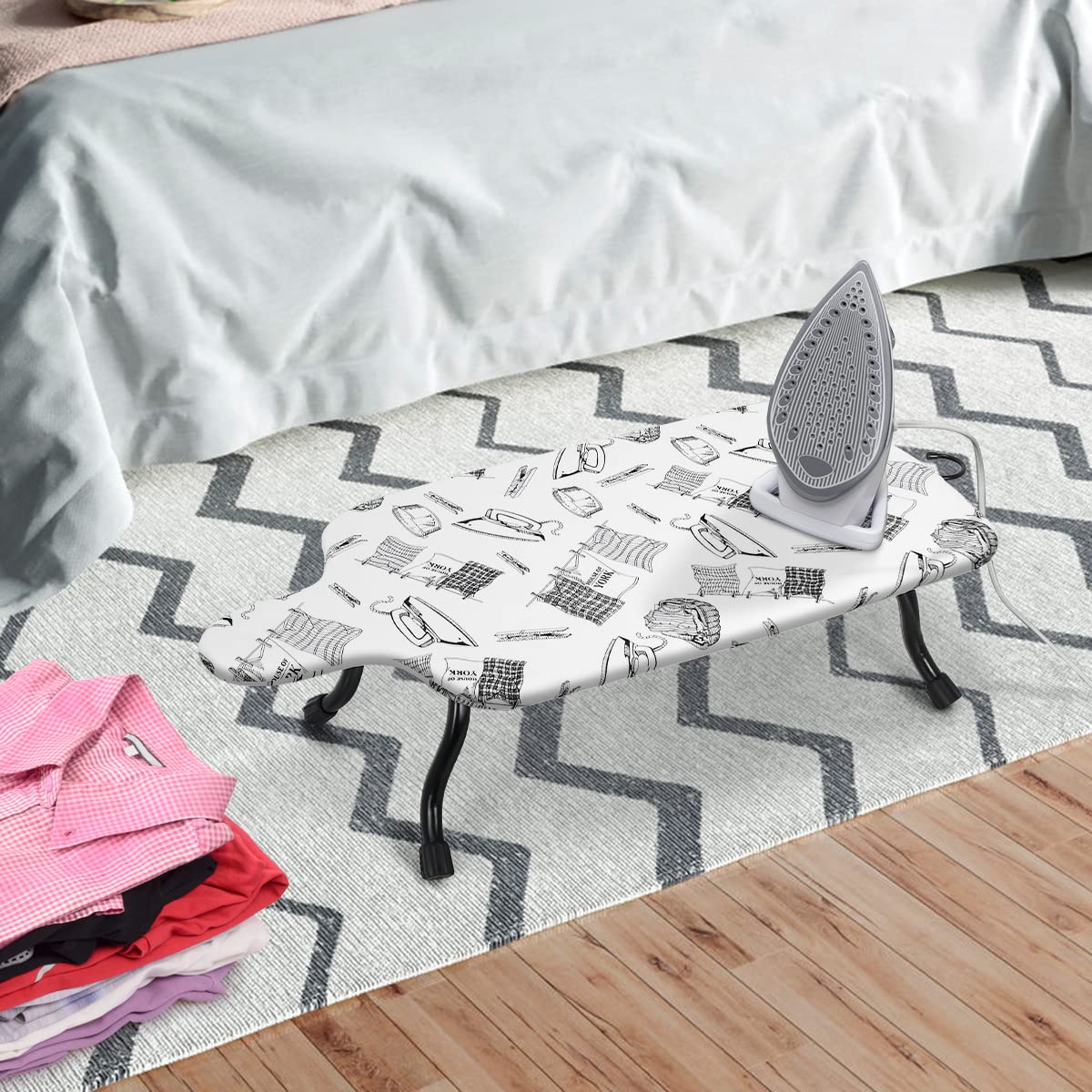 Duwee 15"x30" Table Top Ironing Board Extra Wide with Anti-Rust Hanging Hook and Removable Washable Cotton Cover, Steel Mesh Top Ironing Boards with 10mm Thicken Double Layers Feltpad and Foam,White