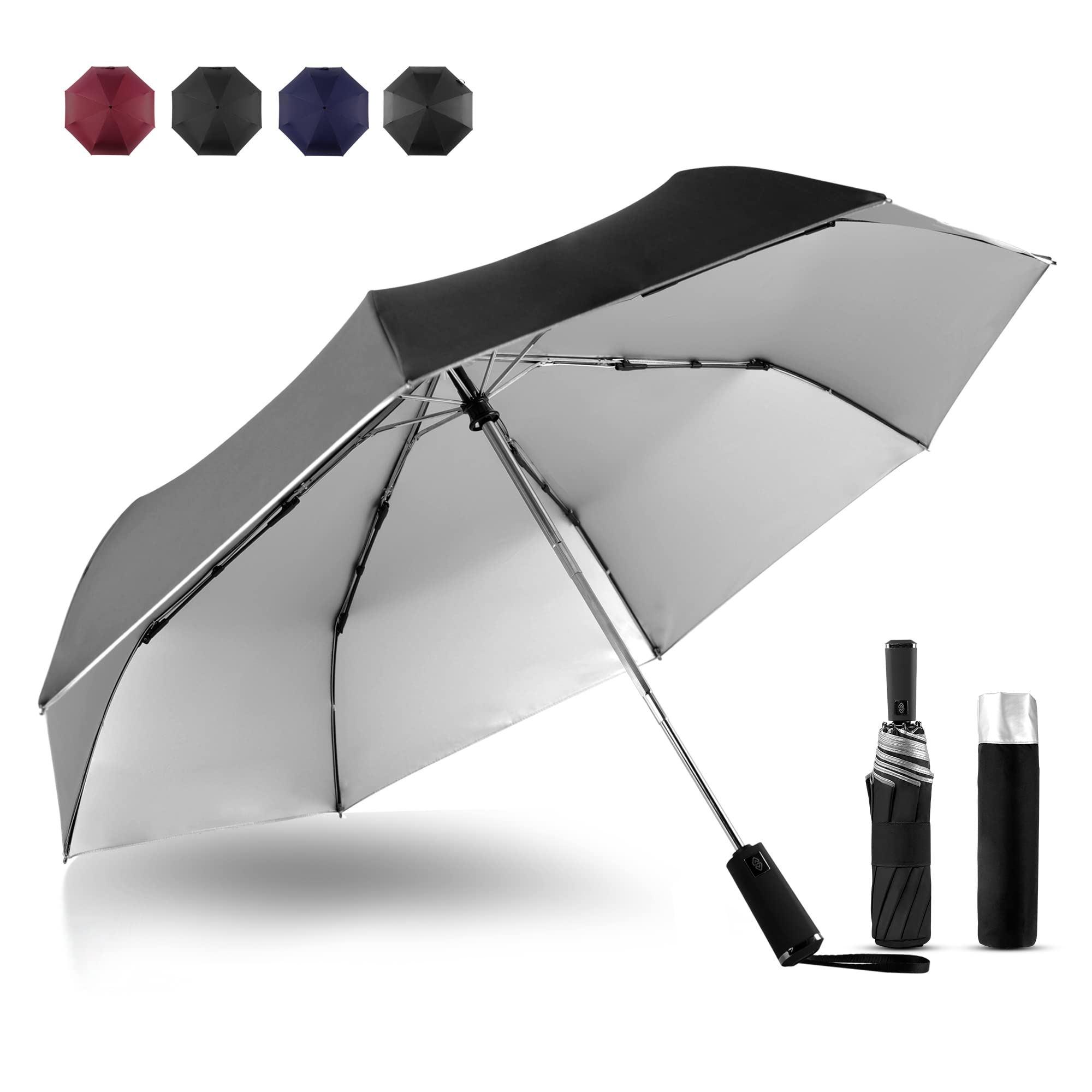 SoulRain NEW Premium Folding and Portable Automatic Umbrella Windproof Travel Umbrella,Safety Easy Close,Strong, Folding Umbrella for Backpack,Men and Women, Black/Titanium Silver