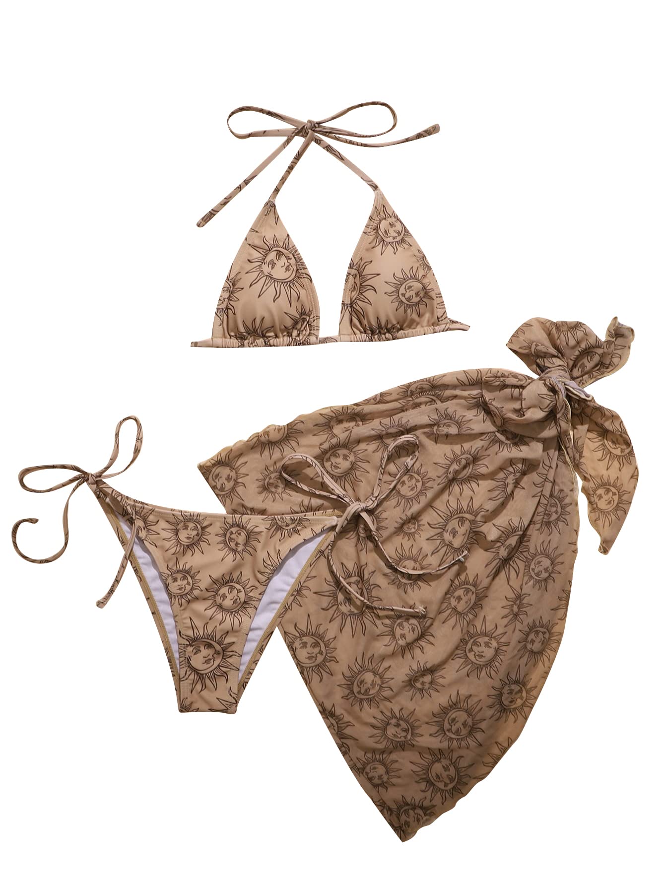 SOLY HUX Women's 3 Piece Swimsuits Print Halter Triangle Tie Side Bikini Bathing Suit with Cover Up Beach Skirt Brown XS
