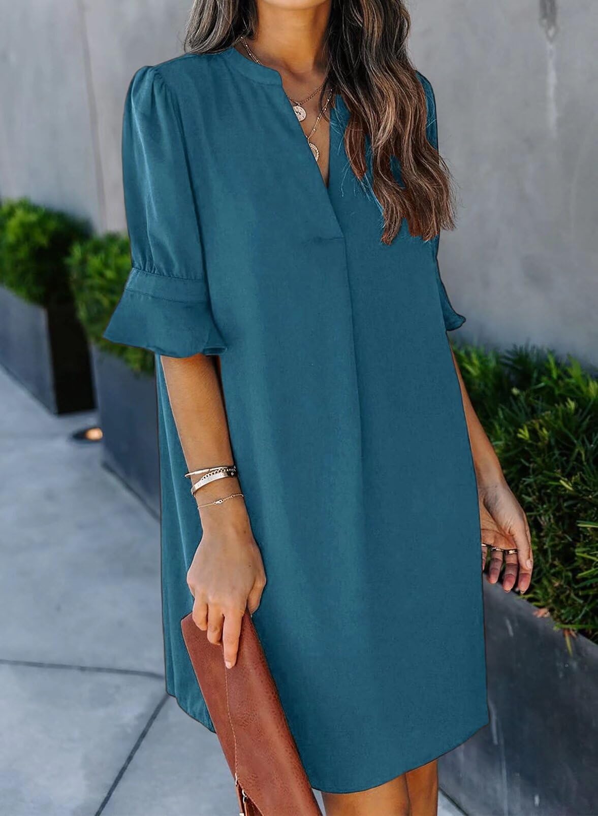 Wkior Summer Dress for Women Short Sleeve Solid Color Loose Swing Elegant Dress Indigo L