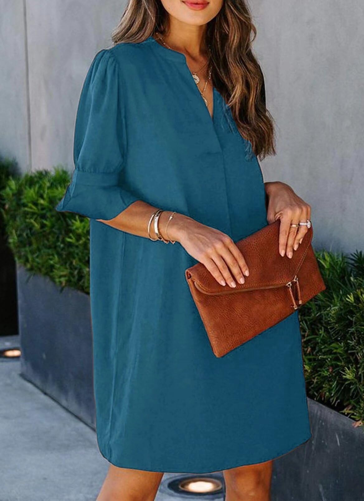 Wkior Summer Dress for Women Short Sleeve Solid Color Loose Swing Elegant Dress Indigo L