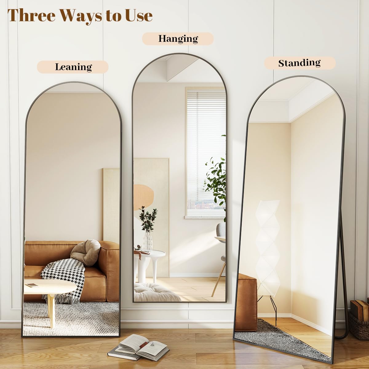 Koonmi Arched Full Length Mirror, 64"x21" Black Standing Hanging or Leaning Full Body Mirror with Aluminum Alloy Frame for Living Room and Bedroom