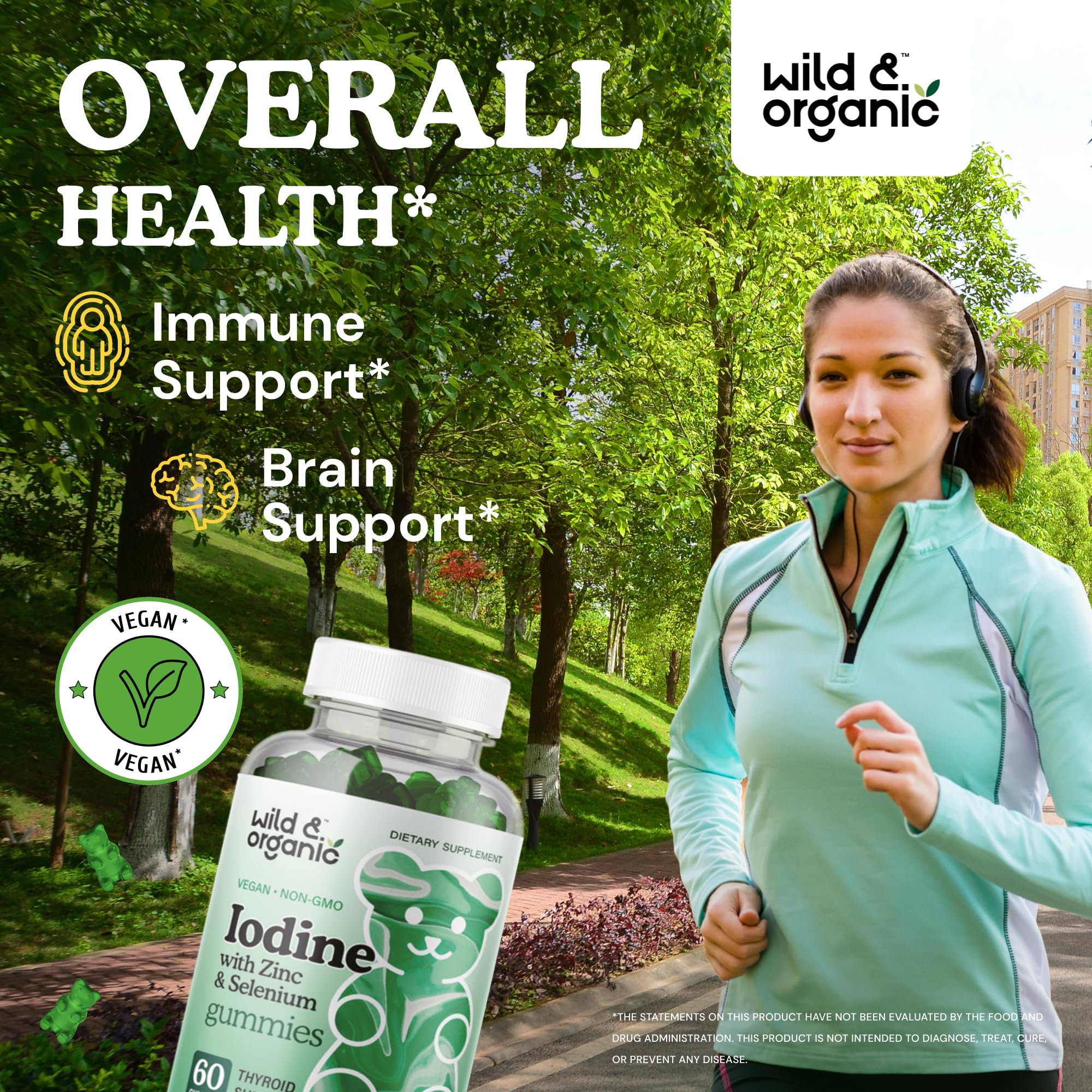 Wild & Organic Iodine Gummies 250mcg - Immune Support Complex w/Potassium Iodide - Selenium Zinc Iodine Supplement for Immunity & Overall Support - 60 Vegan, Pectin-Based Gummies