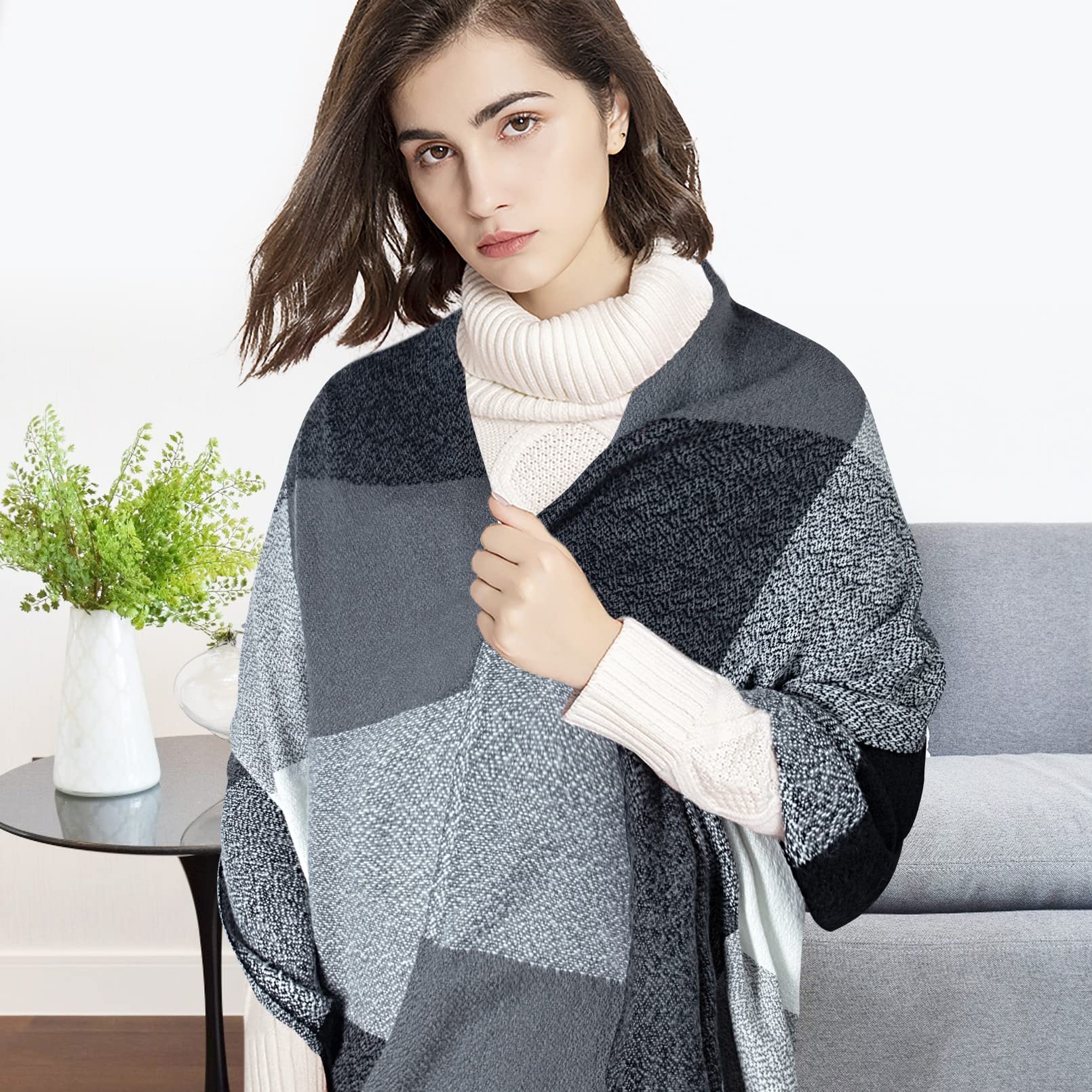 Loritta Womens Scarf Fashion Long Plaid Shawls Wraps Big Grid Winter Warm Lattice Large Scarves Gifts, Dark Grey White Lattice