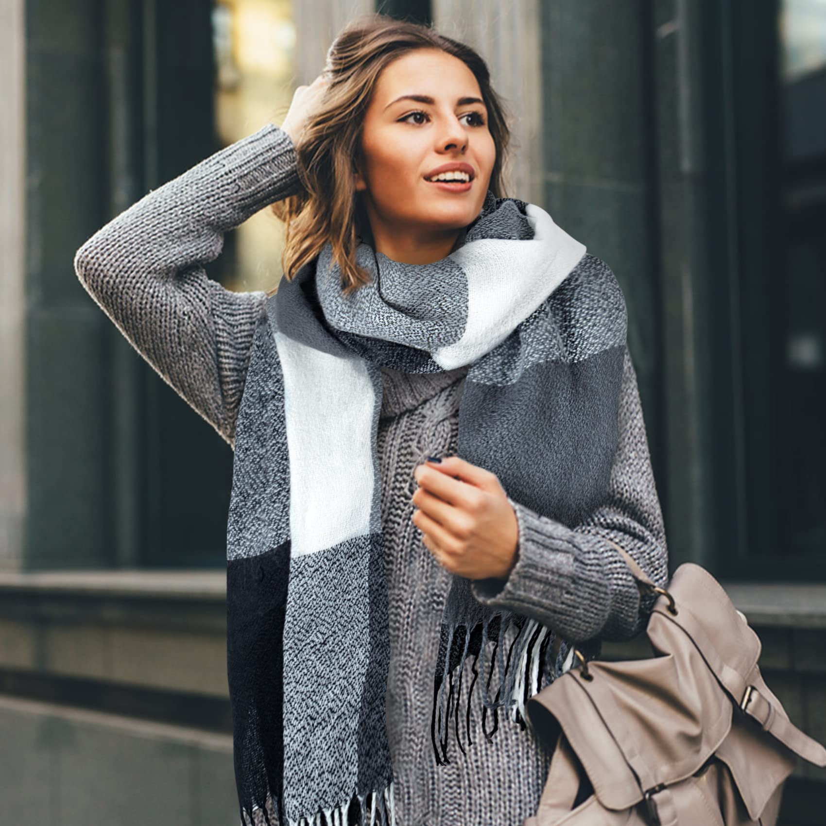 Loritta Womens Scarf Fashion Long Plaid Shawls Wraps Big Grid Winter Warm Lattice Large Scarves Gifts, Dark Grey White Lattice