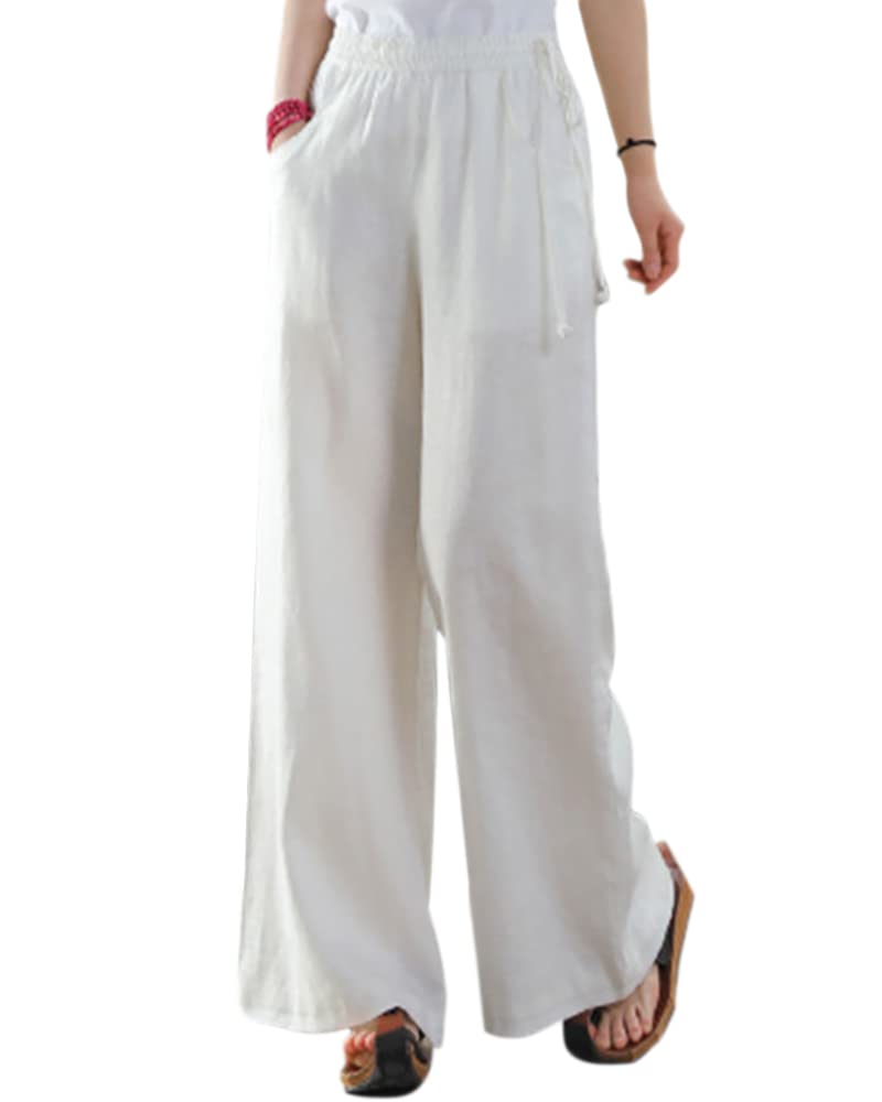 Les umes Women's Casual Wide Leg Linen Pants High Waist Drawsting Loose Palazzo Pants Beach Trousers White XL