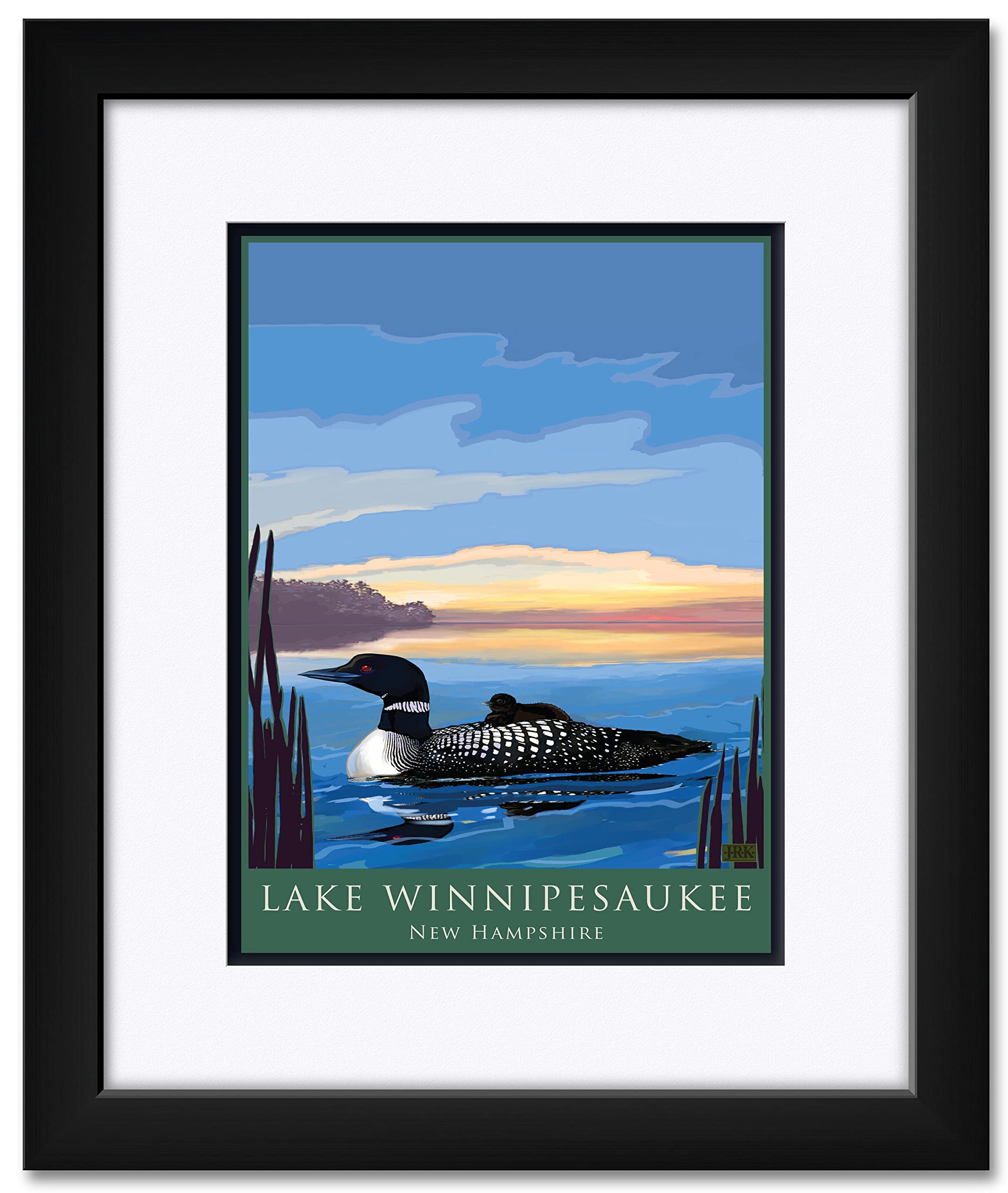 Lake Winnipesaukee New Hampshire Loon & Chick Professionally Framed & Matted Art Print from Illustration by Artist Joanne Kollman Framed Art Size: 15" x 19"
