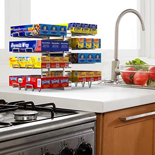 Vdomus Kitchen wrap Organizer Rack, Adjustable Wrap Stand for Kitchen Cabinet Tin foil, Sandwhich Bags, Saran Wrap Kitchen Organizer for Storage, Silver