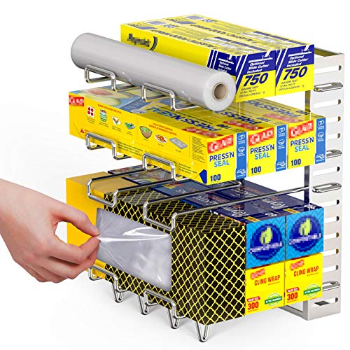 Vdomus Kitchen wrap Organizer Rack, Adjustable Wrap Stand for Kitchen Cabinet Tin foil, Sandwhich Bags, Saran Wrap Kitchen Organizer for Storage, Silver