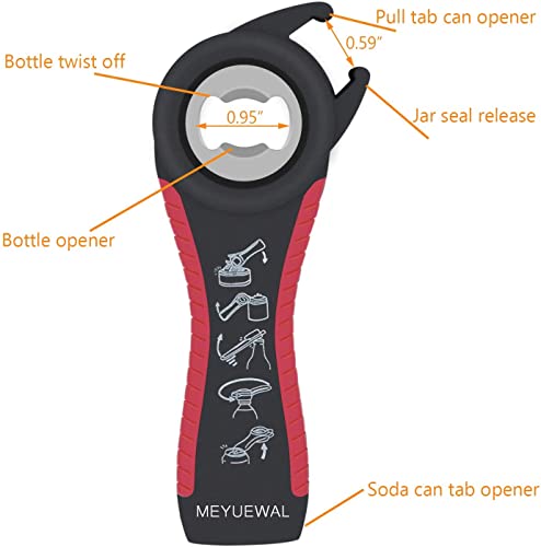Jar Opener, 5 in 1 Multi Function Can Opener Bottle Opener Kit with Silicone Handle Easy to Use for Children, Elderly and Arthritis Sufferers (Apple Red)