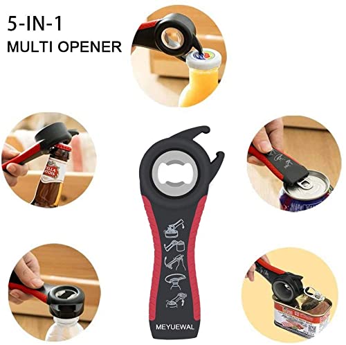 Jar Opener, 5 in 1 Multi Function Can Opener Bottle Opener Kit with Silicone Handle Easy to Use for Children, Elderly and Arthritis Sufferers (Apple Red)