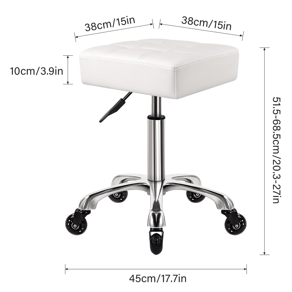 WKWKER Modern Heavy Duty Rolling Stoool Square Thick Leather Seat 360 Swivel Stool with Wheels Height Adjustable Stool Chair for Home Kitchen Drafting Lab Office Salon Massage(White)