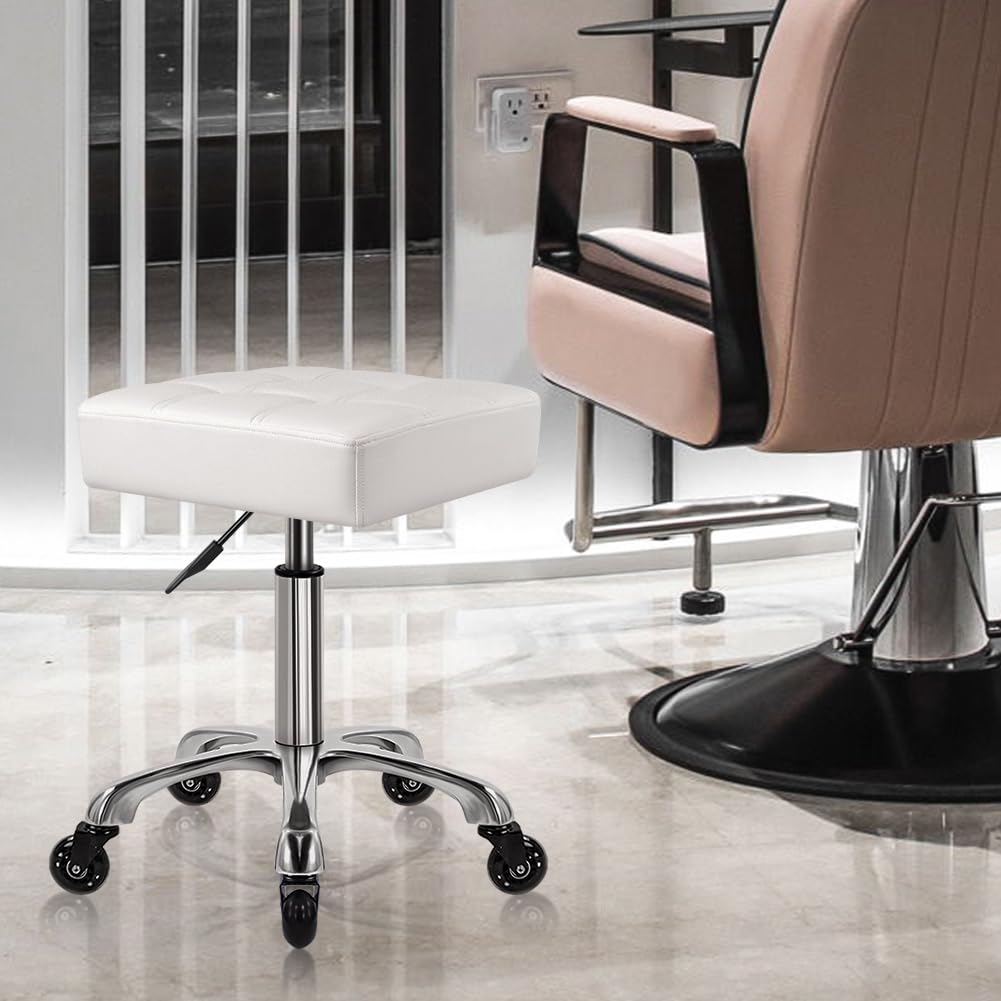 WKWKER Modern Heavy Duty Rolling Stoool Square Thick Leather Seat 360 Swivel Stool with Wheels Height Adjustable Stool Chair for Home Kitchen Drafting Lab Office Salon Massage(White)