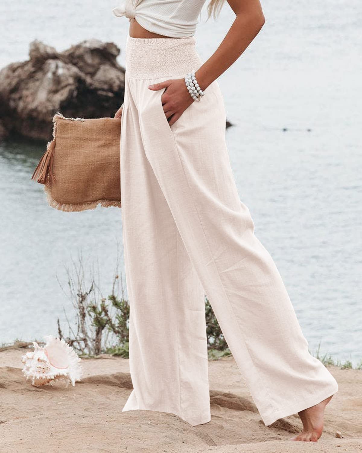 Women Cotton Linen Pants Elastic High Waisted Palazzo Lounge Pants Loose Beach Trousers with Pockets (White, XL)