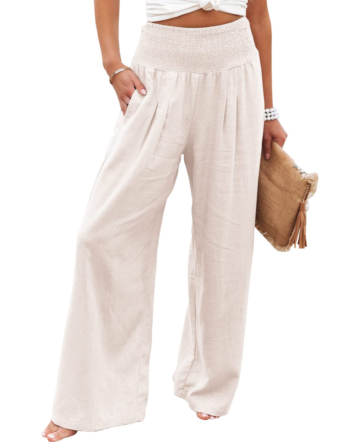 Women Cotton Linen Pants Elastic High Waisted Palazzo Lounge Pants Loose Beach Trousers with Pockets (White, XL)