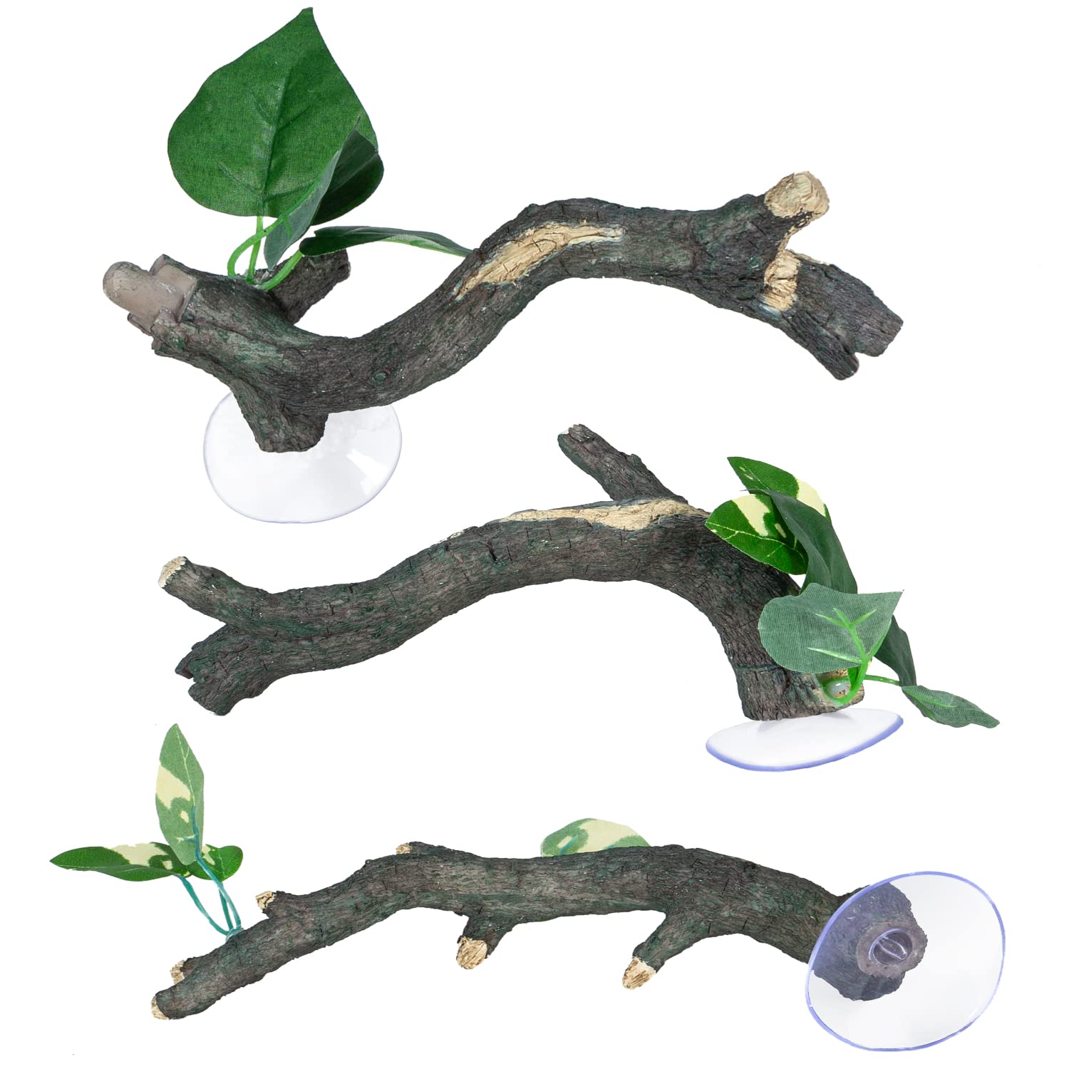 REPTIZOO 3 PCS Reptile Climbing Branch Terrarium Plants Decor with Suction Cup Resin Spliceable Corner Branch for Amphibian Snake Lizards Geckos Habitat Decor