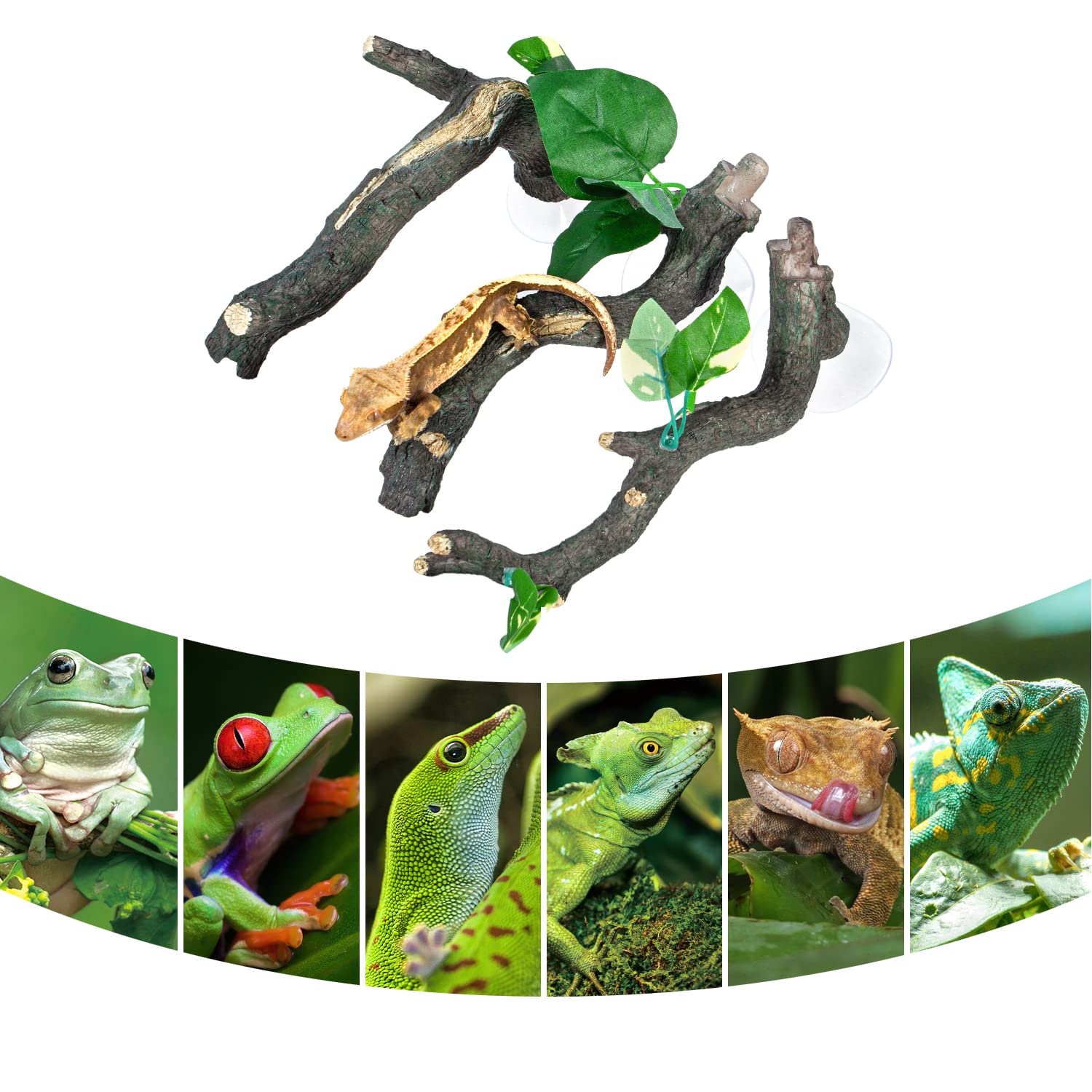 REPTIZOO 3 PCS Reptile Climbing Branch Terrarium Plants Decor with Suction Cup Resin Spliceable Corner Branch for Amphibian Snake Lizards Geckos Habitat Decor