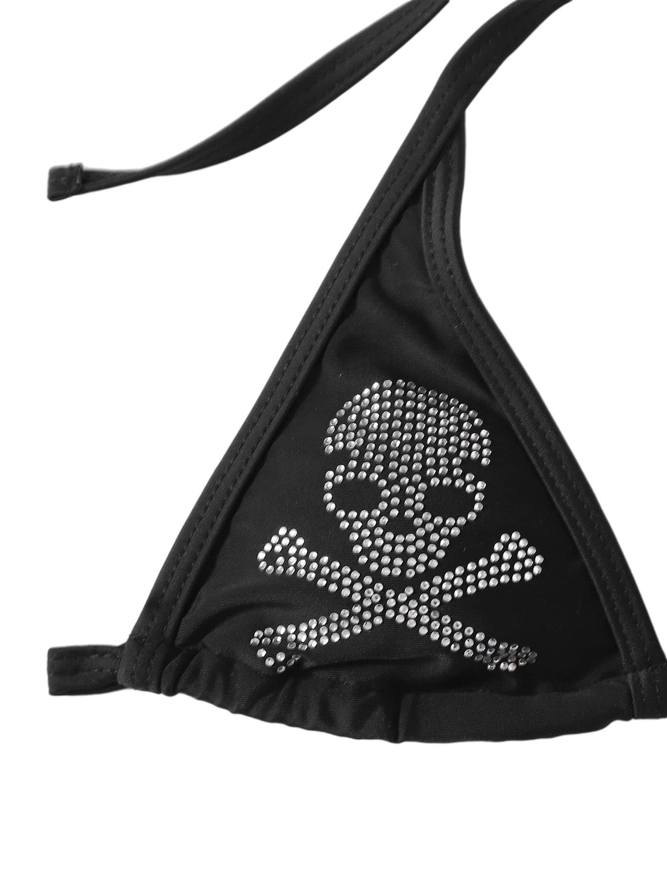 WDIRARA Women's Skull Pattern Halter Triangle Thong Sexy 2 Piece Bikini Swimsuit Black M