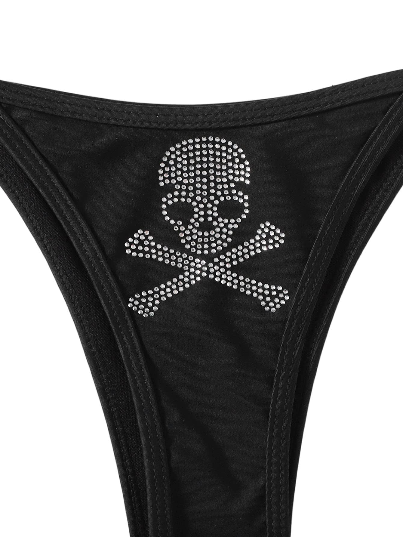 WDIRARA Women's Skull Pattern Halter Triangle Thong Sexy 2 Piece Bikini Swimsuit Black M