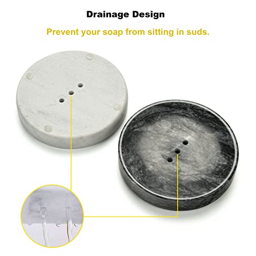 Tahit Round Genuine Marble Soap Dish, Real Stone Facial Sponge Tray with Drain, Natural Stone Soap Dishes Holder for Bathroom Shower Kitchen Sink (Black)