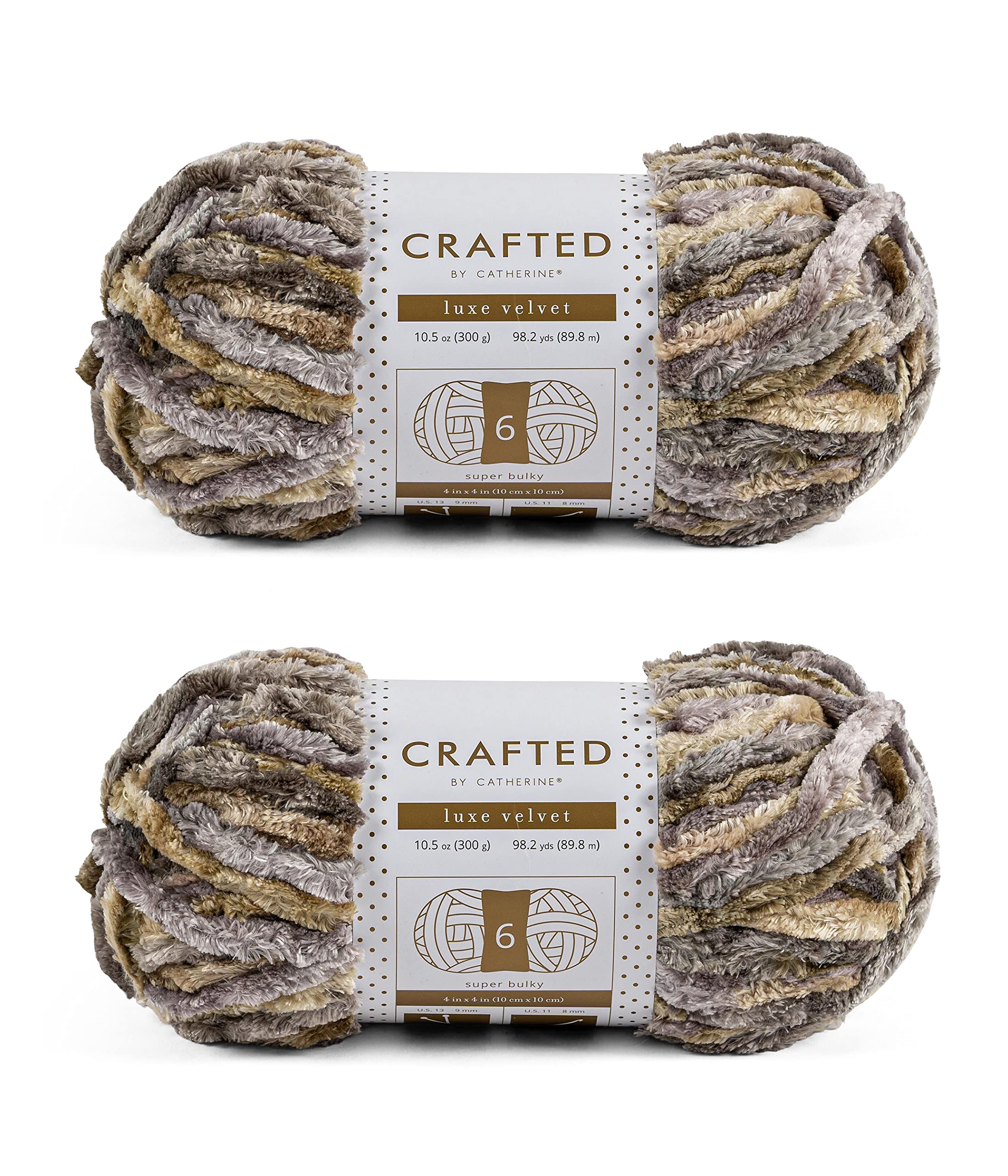 Crafted By Catherine Luxe Velvet Multi Yarn - 2 Pack (300 g / 10.5 oz, 98 Yards Each Skein), Khaki Multi, Gauge 6 Super Bulky