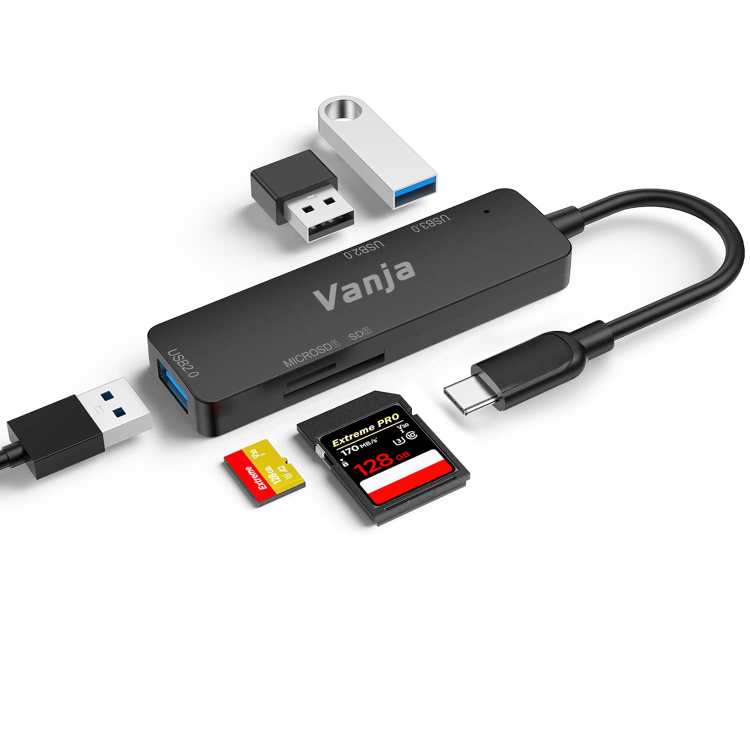 Vanja 2 in 1 USB 3.0 SD Card Reader Camera SD Card Adapter for SD, SDXC, SDHC, MMC, RS-MMC, Micro SD, Micro SDXC, Micro SDHC and UHS-I Cards (Black USB C 3.0)