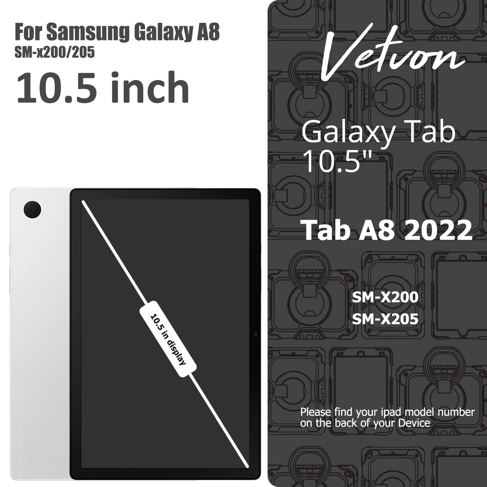 VetvonSamsung Galaxy Tab A8 10.5 Case (SM-X200/X205/X207)-Heavy Duty Protection Shockproof Case,360°Rotating Hand Stand with Pencil Holder Adjustable Shoulder Strap for Galaxy tab A8 Case-Black