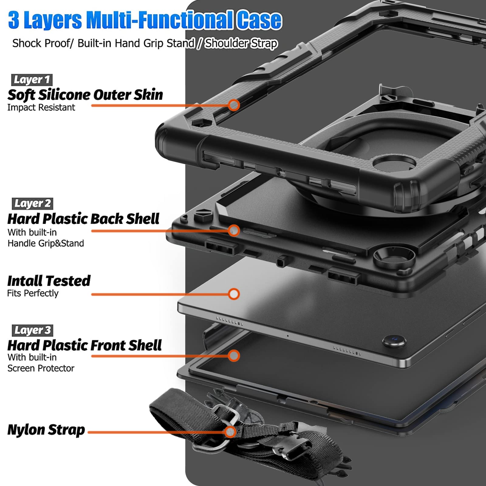 VetvonSamsung Galaxy Tab A8 10.5 Case (SM-X200/X205/X207)-Heavy Duty Protection Shockproof Case,360°Rotating Hand Stand with Pencil Holder Adjustable Shoulder Strap for Galaxy tab A8 Case-Black