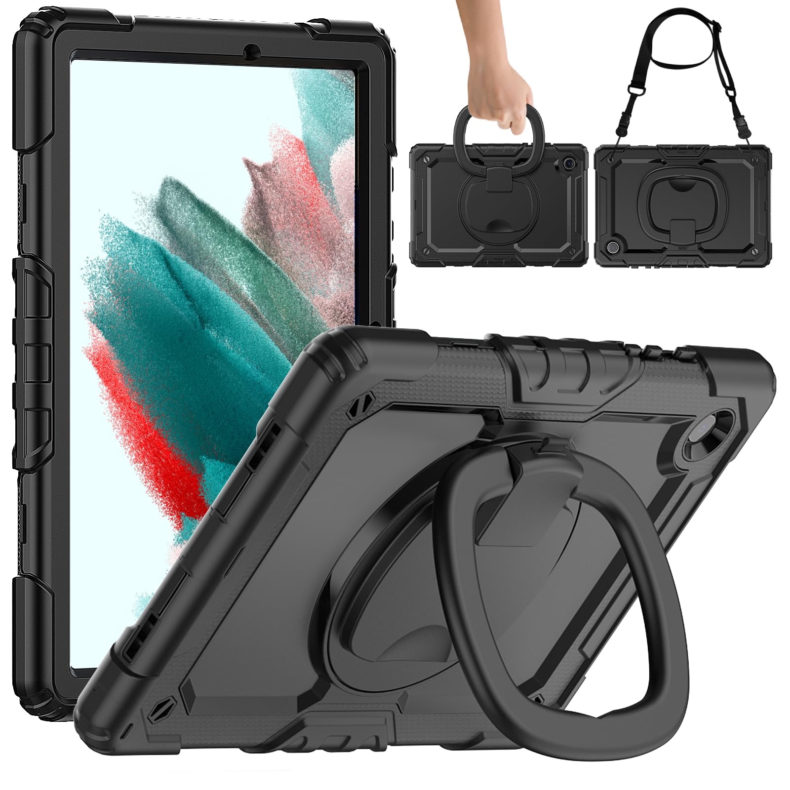 VetvonSamsung Galaxy Tab A8 10.5 Case (SM-X200/X205/X207)-Heavy Duty Protection Shockproof Case,360°Rotating Hand Stand with Pencil Holder Adjustable Shoulder Strap for Galaxy tab A8 Case-Black