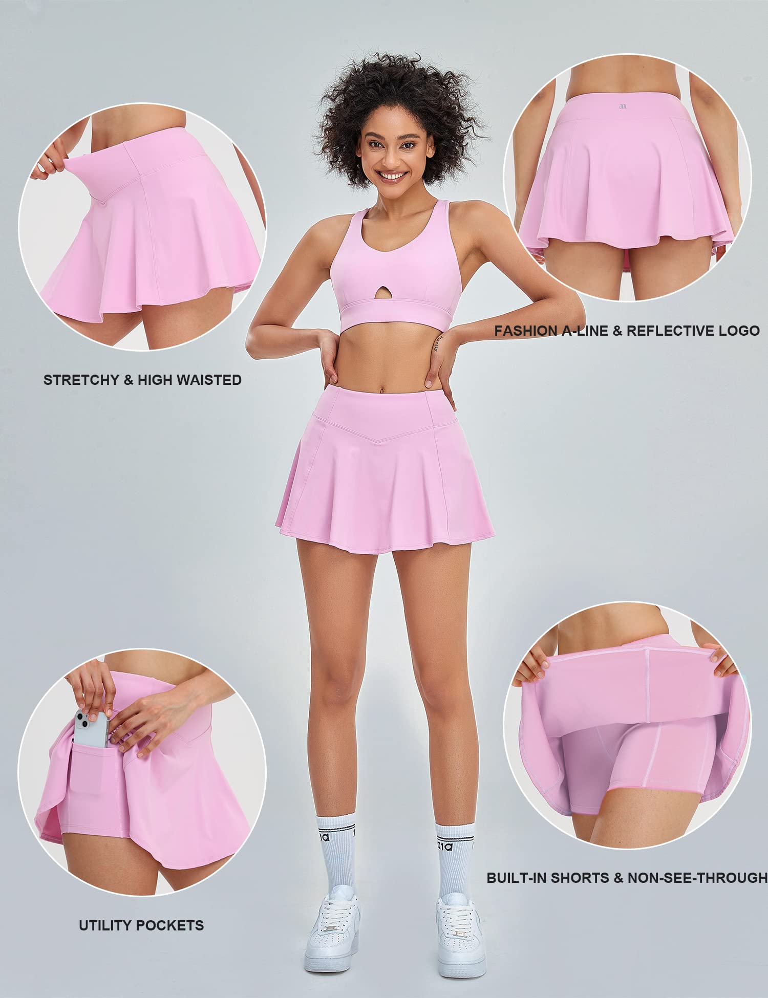 1a1a Women’s Tennis Skirts with Shorts Pockets High Waist Tummy Control Light Pink X-Small