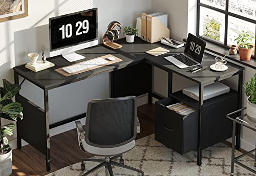 CubiCubi L Shaped Desk with Shelves, 59.1 Inch Corner Computer Desk, Home Office Gaming Writing Workstation with Large Non-Woven Drawer, Black
