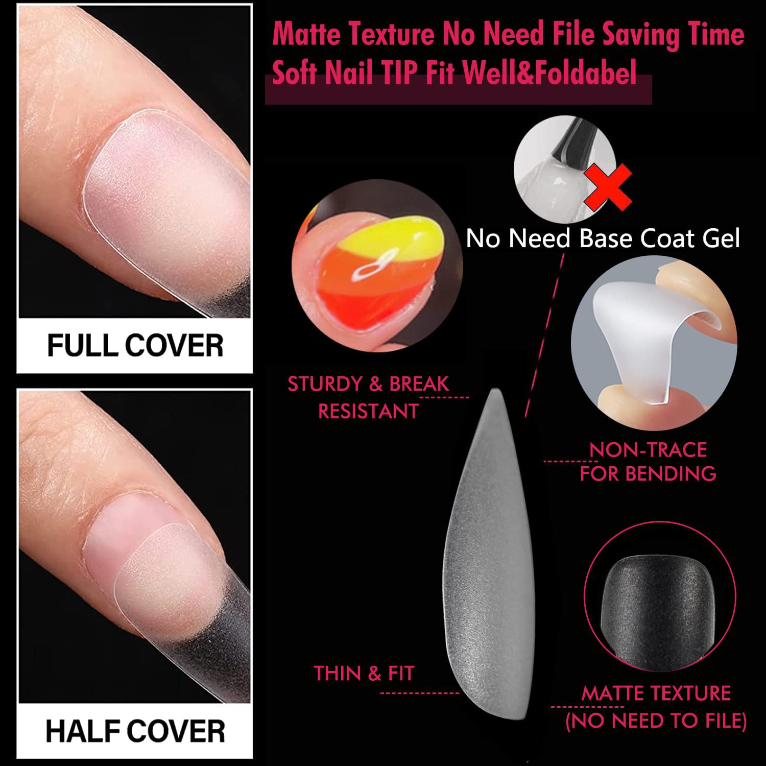 UNA GELLA Short Almond Gel Nail Tips - 360Pcs 15 Sizes Full Matte Pre-Buff Natural Look & Perfect Fit Full Cover Clear Acrylic False Gelly Nail Tips Long-Lasting Easy to Apply & Remove Ideal for DIY