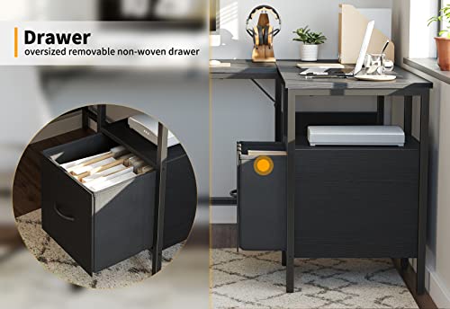 CubiCubi L Shaped Desk with Shelves, 59.1 Inch Corner Computer Desk, Home Office Gaming Writing Workstation with Large Non-Woven Drawer, Black