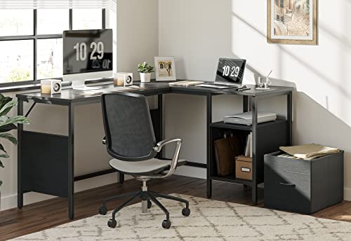 CubiCubi L Shaped Desk with Shelves, 59.1 Inch Corner Computer Desk, Home Office Gaming Writing Workstation with Large Non-Woven Drawer, Black