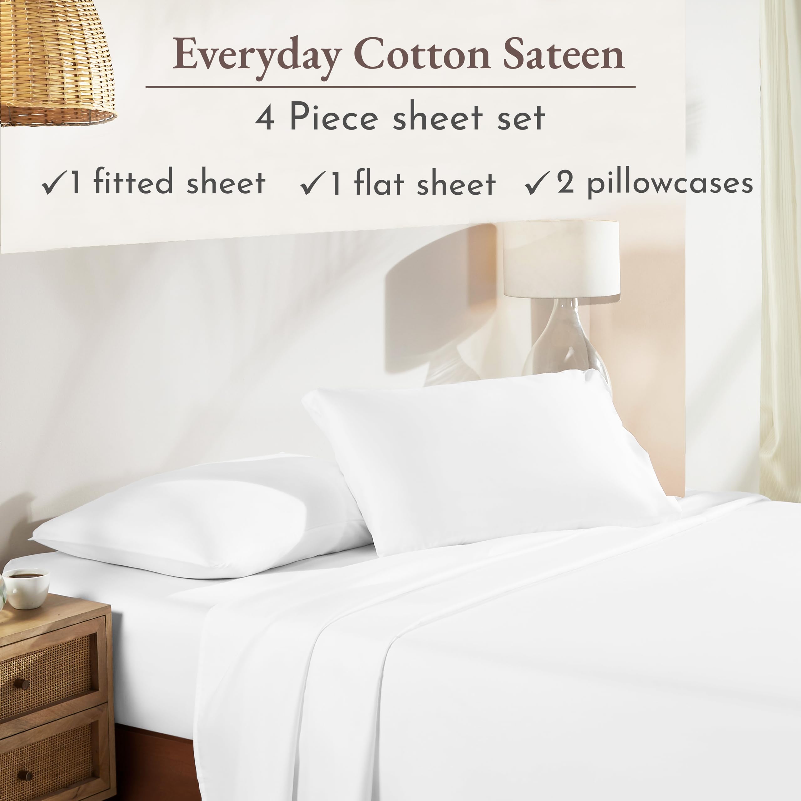 California Design Den Natural 100% Cotton Sheets Full Size Bed Set with Deep Pockets - Soft Sateen Weave, Durable and Cooling Full Size Bed Sheets - White