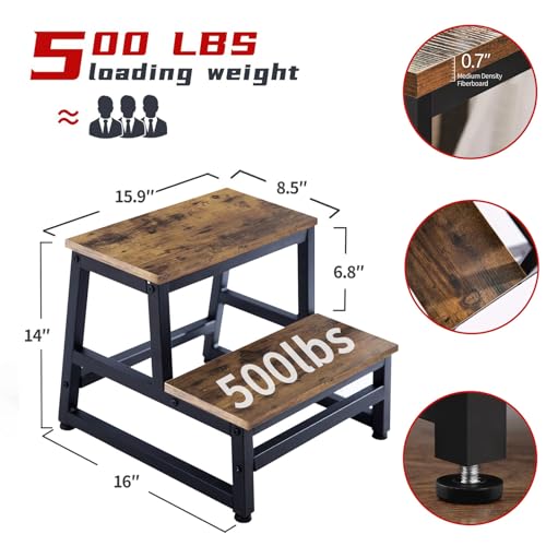 VonDream 2 Tier Step Stools for Adults with Non-Slip Stickers, Heavy Duty Bed Steps for High Beds,Kitchen Step Stool,Wide Wooden Step Stools for Kids, Step Stool for RV