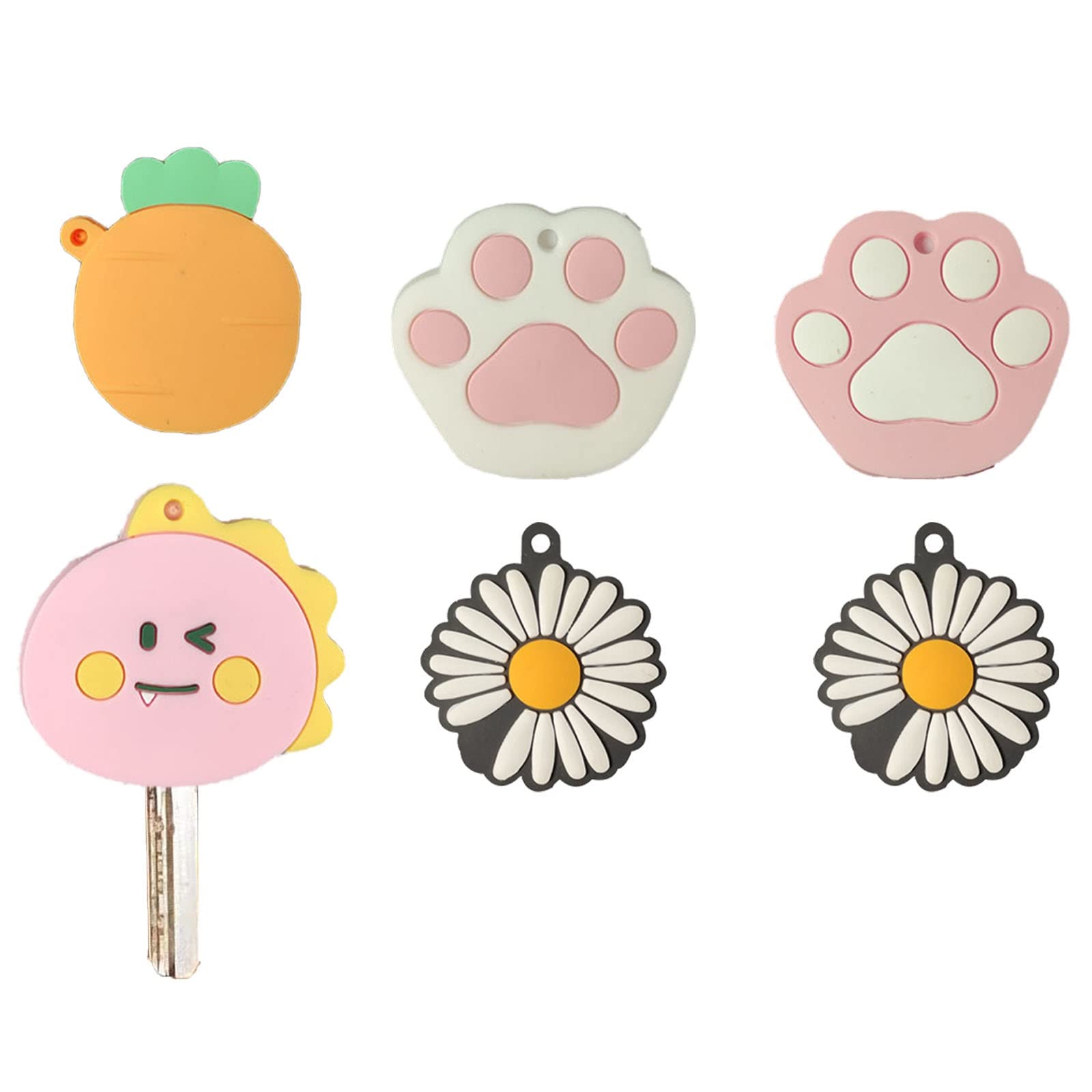 CheeseandU 6Pack Cute Daisy Flower Carrot Silicone Key Cover PVC Rubber Lovely Cat Paw Pink Dinosaur Key Cap Keychain Key Holder Key Ring Women Bag Phone Charm Accessory Friends Kids Gift