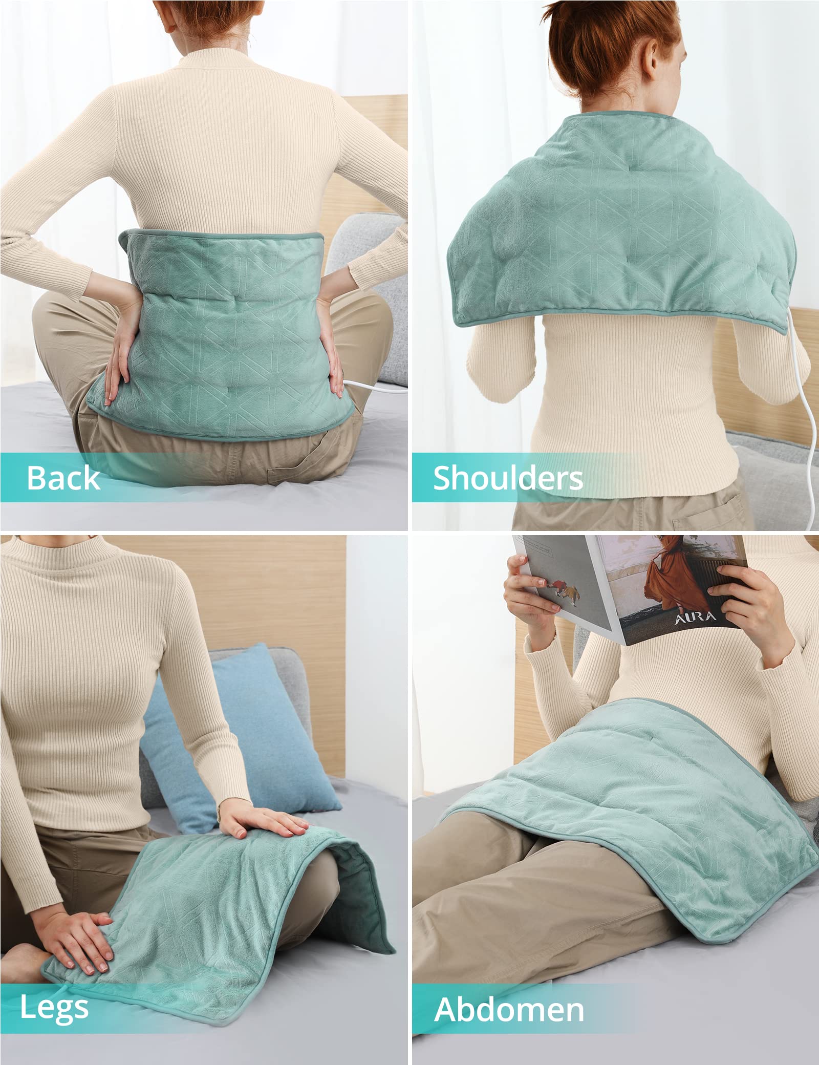EVAJOY Weighted Heating Pad with 2 Massager, XL 12 x 24'' Electric Massaging Heating Pad for Back Pain Relief, 3 Heat Levels, 6 Vibration Massage Settings, 18 Relaxing Combinations (12 x 24'') Green