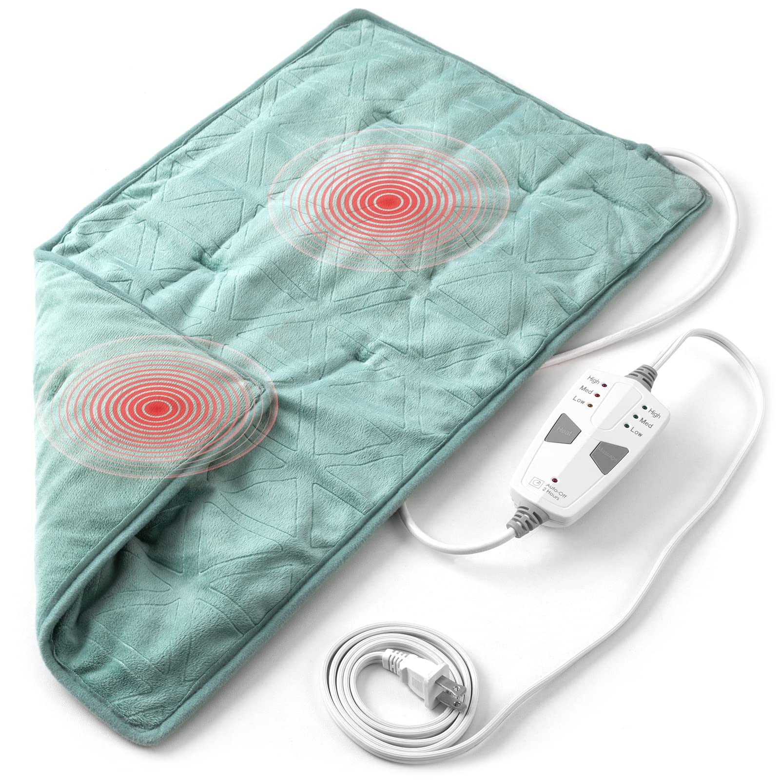 EVAJOY Weighted Heating Pad with 2 Massager, XL 12 x 24'' Electric Massaging Heating Pad for Back Pain Relief, 3 Heat Levels, 6 Vibration Massage Settings, 18 Relaxing Combinations (12 x 24'') Green