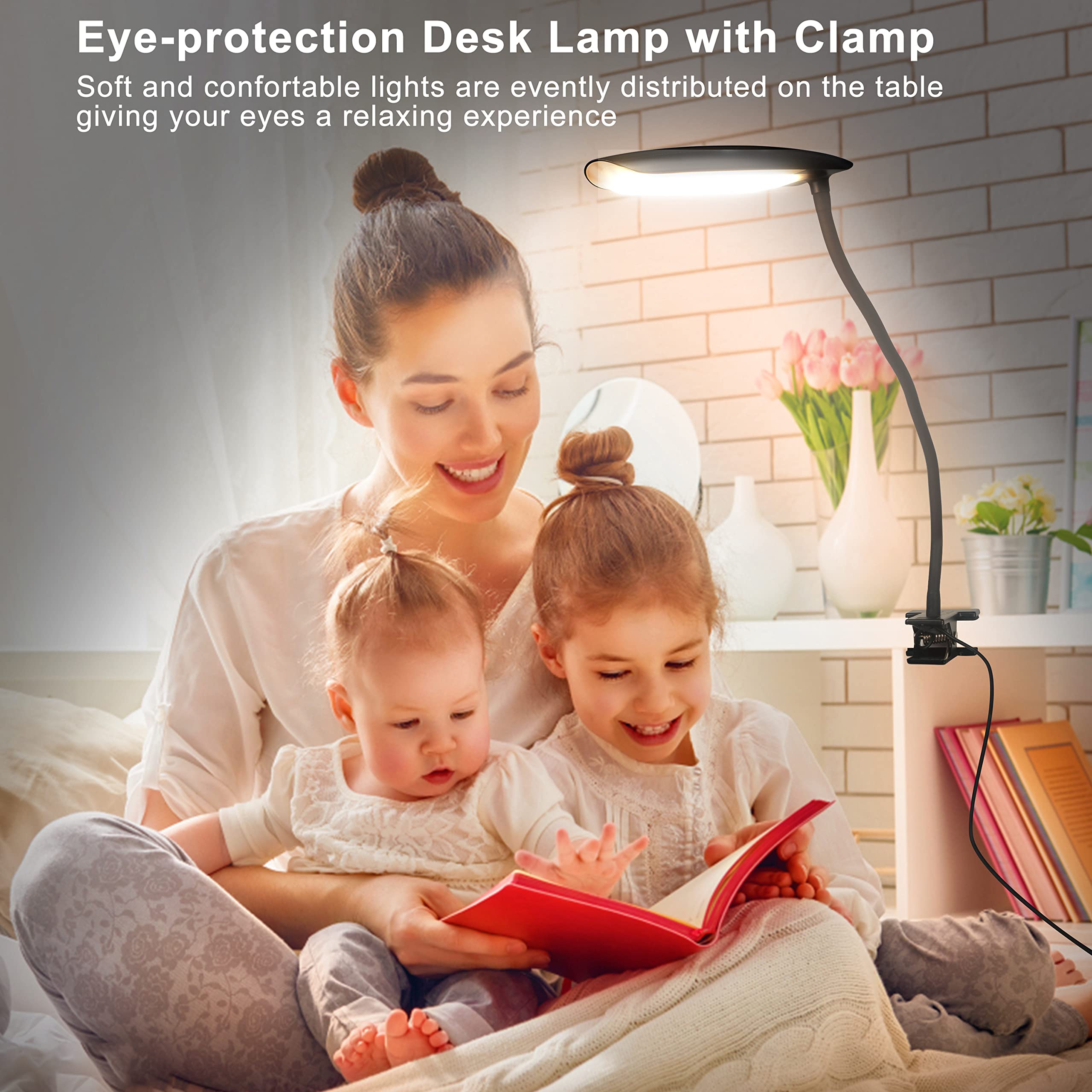 LiFMIRA Clip on Lamp USB Reading Light 3 Color Modes 3000-6000K and 10 Brightness 8W 40 LED Flexible Gooseneck Desk Light Clip on Lamp for Desk Eye Caring Bed Lamp for Headboard (No Plug)