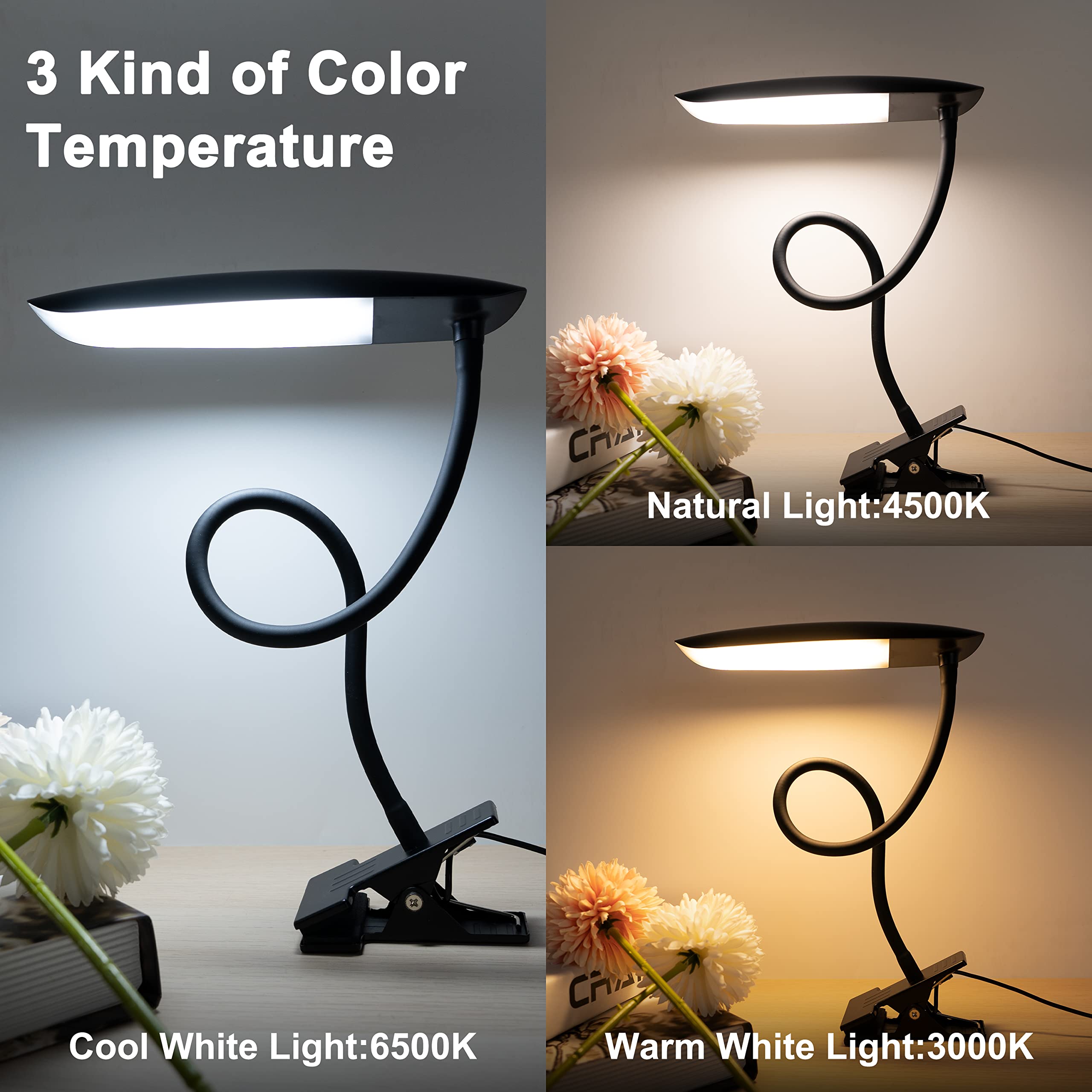 LiFMIRA Clip on Lamp USB Reading Light 3 Color Modes 3000-6000K and 10 Brightness 8W 40 LED Flexible Gooseneck Desk Light Clip on Lamp for Desk Eye Caring Bed Lamp for Headboard (No Plug)