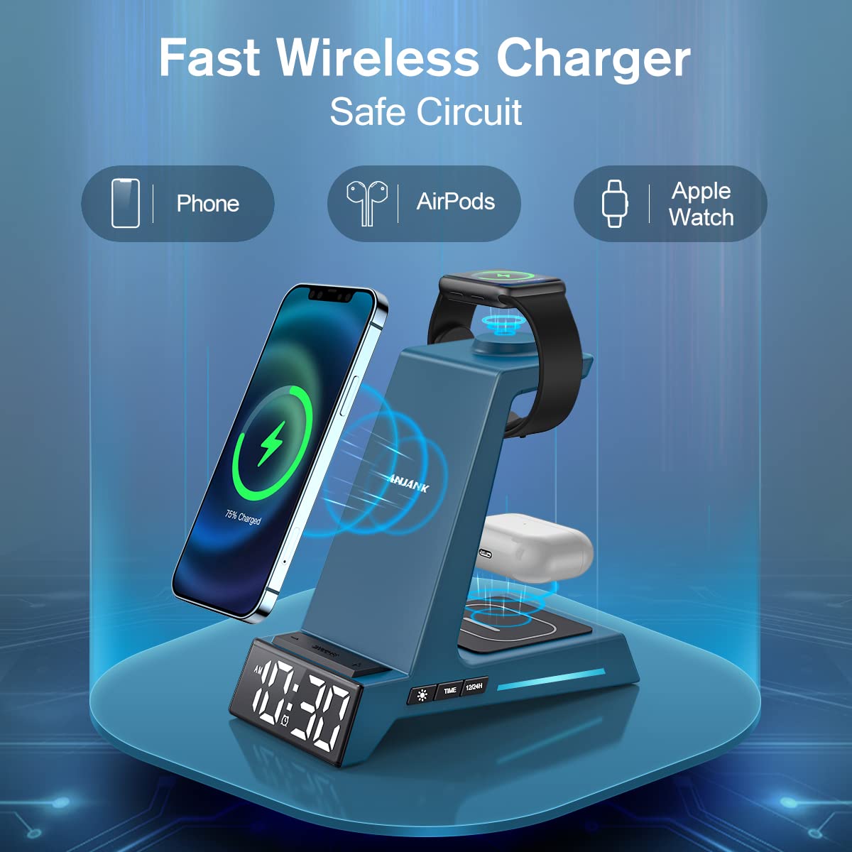 ANJANK Wireless Charging Station for Multiple Devices Apple, 3 in 1 Wireless Charger Stand with Alarm Clock, Charging Dock for iwatch/AirPods/iPhone 14/13/12/11/Pro/Max/XR/XS/8 Plus/Samsung Phone