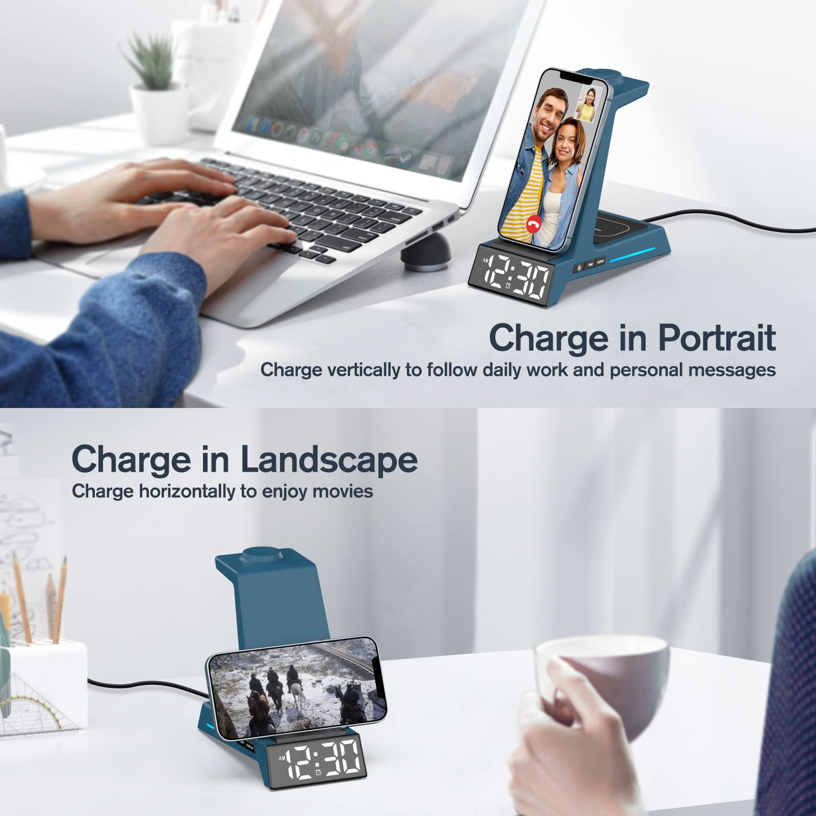 ANJANK Wireless Charging Station for Multiple Devices Apple, 3 in 1 Wireless Charger Stand with Alarm Clock, Charging Dock for iwatch/AirPods/iPhone 14/13/12/11/Pro/Max/XR/XS/8 Plus/Samsung Phone