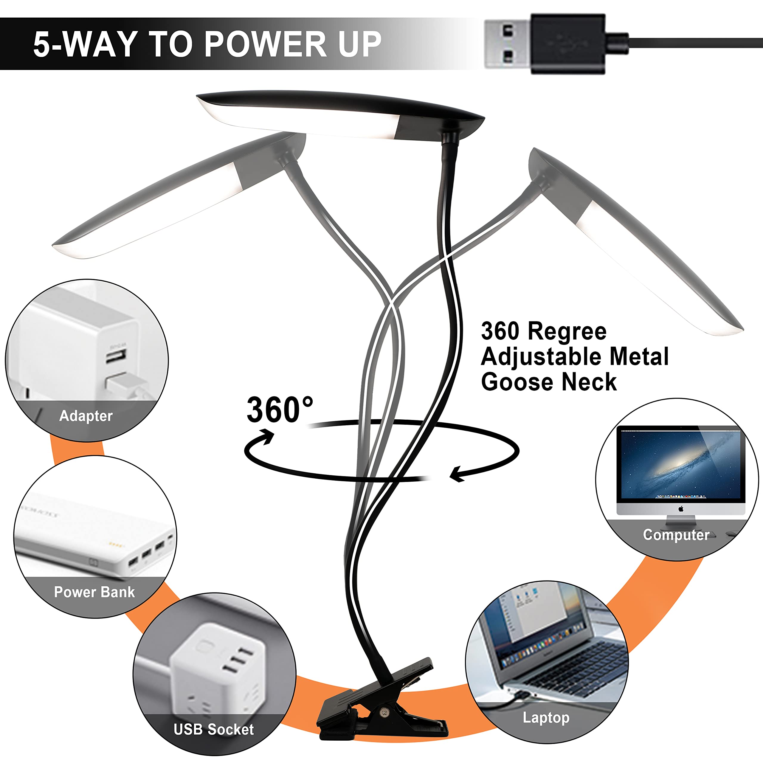 LiFMIRA Clip on Lamp USB Reading Light 3 Color Modes 3000-6000K and 10 Brightness 8W 40 LED Flexible Gooseneck Desk Light Clip on Lamp for Desk Eye Caring Bed Lamp for Headboard (No Plug)