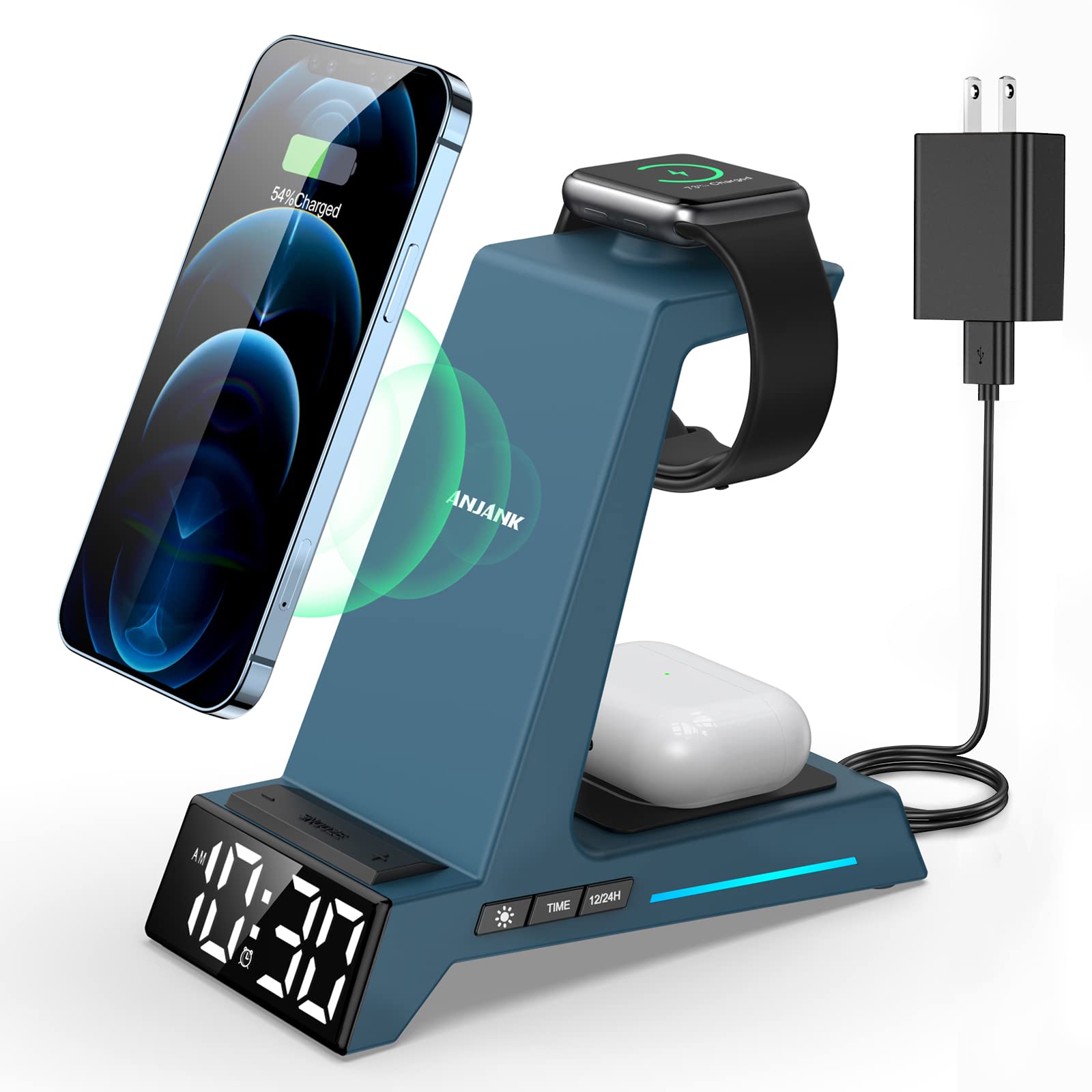 ANJANK Wireless Charging Station for Multiple Devices Apple, 3 in 1 Wireless Charger Stand with Alarm Clock, Charging Dock for iwatch/AirPods/iPhone 14/13/12/11/Pro/Max/XR/XS/8 Plus/Samsung Phone