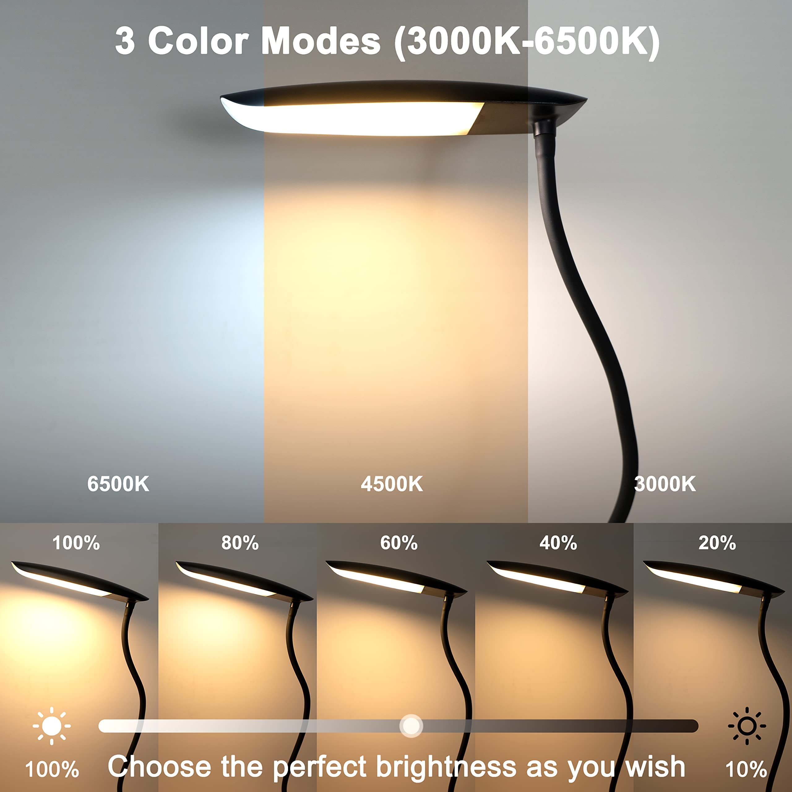 LiFMIRA Clip on Lamp USB Reading Light 3 Color Modes 3000-6000K and 10 Brightness 8W 40 LED Flexible Gooseneck Desk Light Clip on Lamp for Desk Eye Caring Bed Lamp for Headboard (No Plug)