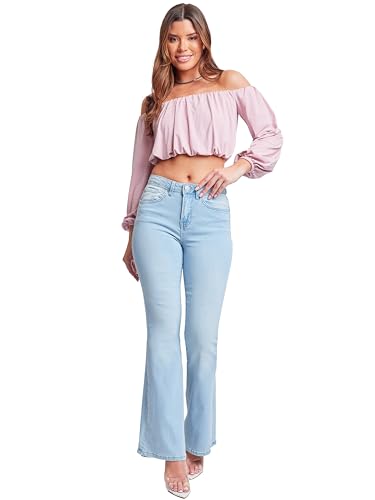 YMI Junior Women's Classic High Waisted Bell Bottom Denim Jeans (Light Blue,3)