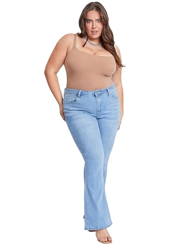 YMI Women's Junior Plus Size Classic Boot Cut Flare Bell Bottom Casual Denim Jeans (Light Blue, 18)