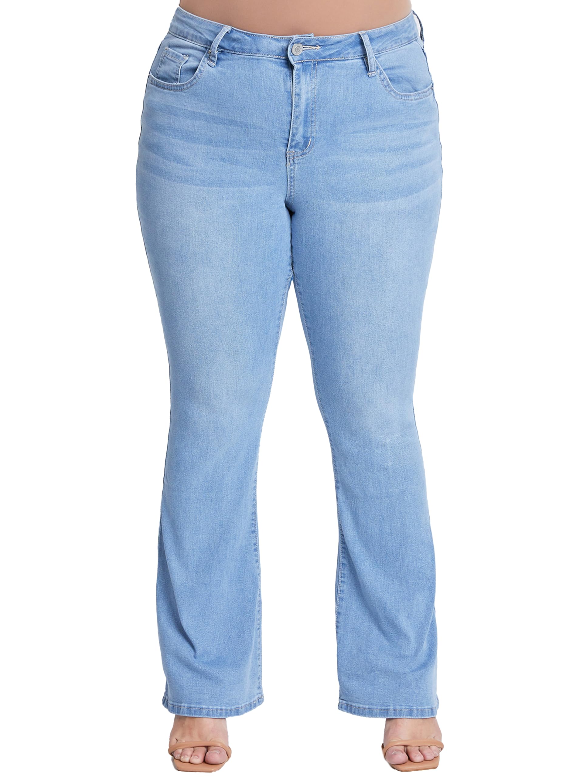YMI Women's Junior Plus Size Classic Boot Cut Flare Bell Bottom Casual Denim Jeans (Light Blue, 18)