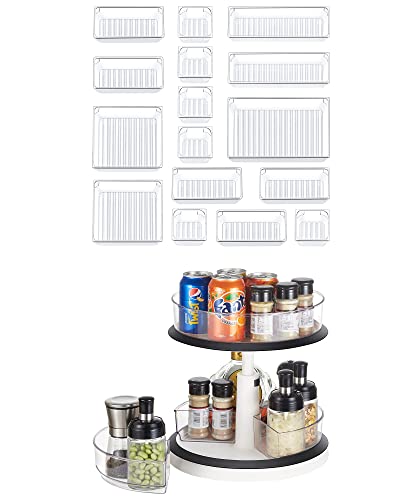 Kootek 16 Pcs Desk Drawer Organizer and 2 Tier Adjustable Lazy Susan Turntable Non-Skid Kitchen Cabinet Organizer